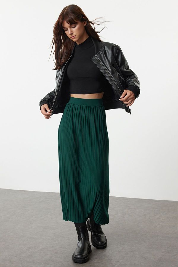 TRENDYOL EMERALD GREEN HIGH WAIST PLEATED STRETCHY MAXI KNITTED SKIRT