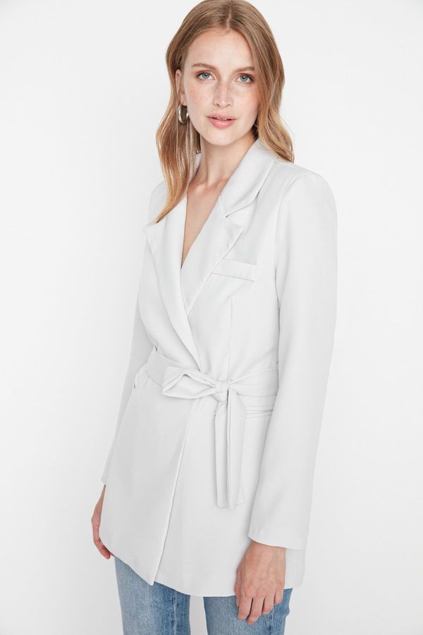 TRENDYOL GRAY WOVEN TIE DETAIL BLAZER JACKET