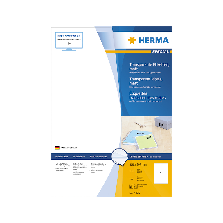 ETIKETE HERMA 210X297MM A4/1 100L TRANSPARENT