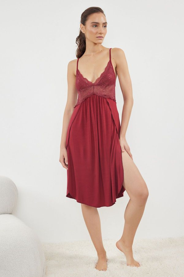 TRENDYOL CLARET RED 100% COTTON LACE BACK AND SLIT DETAILED ROPE STRAP KNITTED NIGHTGOWN