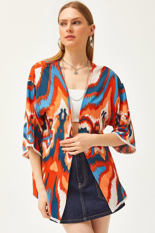 OLALOOK WOMEN'S ORANGE BLUE PALM GUIPURE DETAILED VISCOSE KIMONO