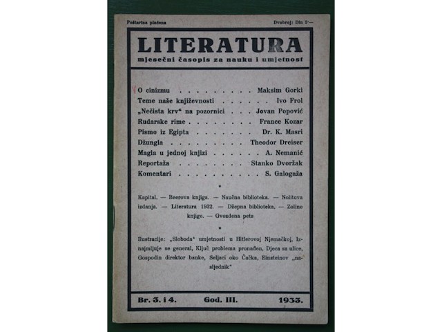 LITERATURA - mjesečni časopis Br. 3-4, 1933 RETKO