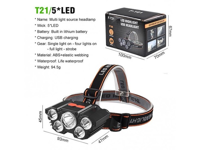 Lampa Baterijska Za Glavu Punjiva 5 Led Headlamp F-T21