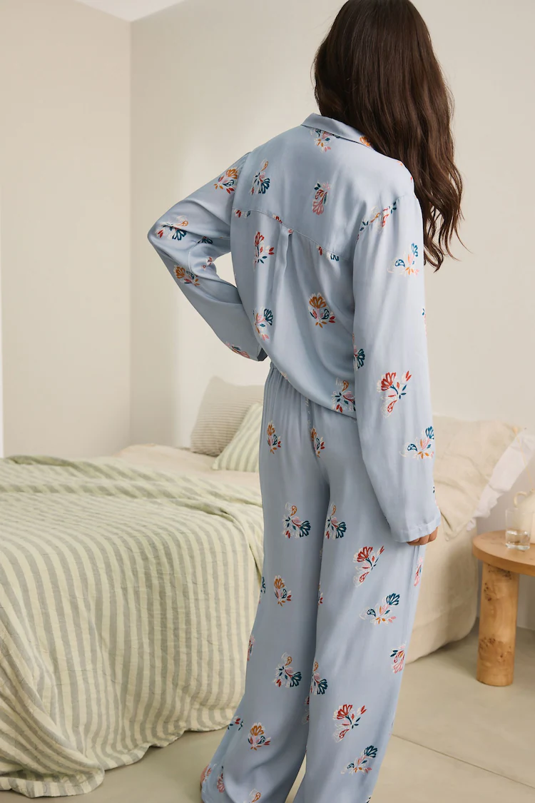 Blue Ditsy Floral Button Through Pyjamas