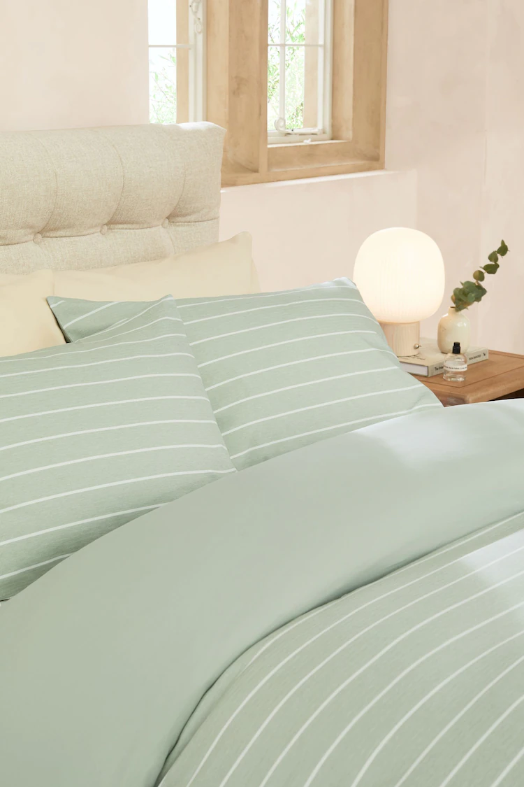 Sage Green Brushed Polyester Stripe Duvet Cover and Pillowcase Set