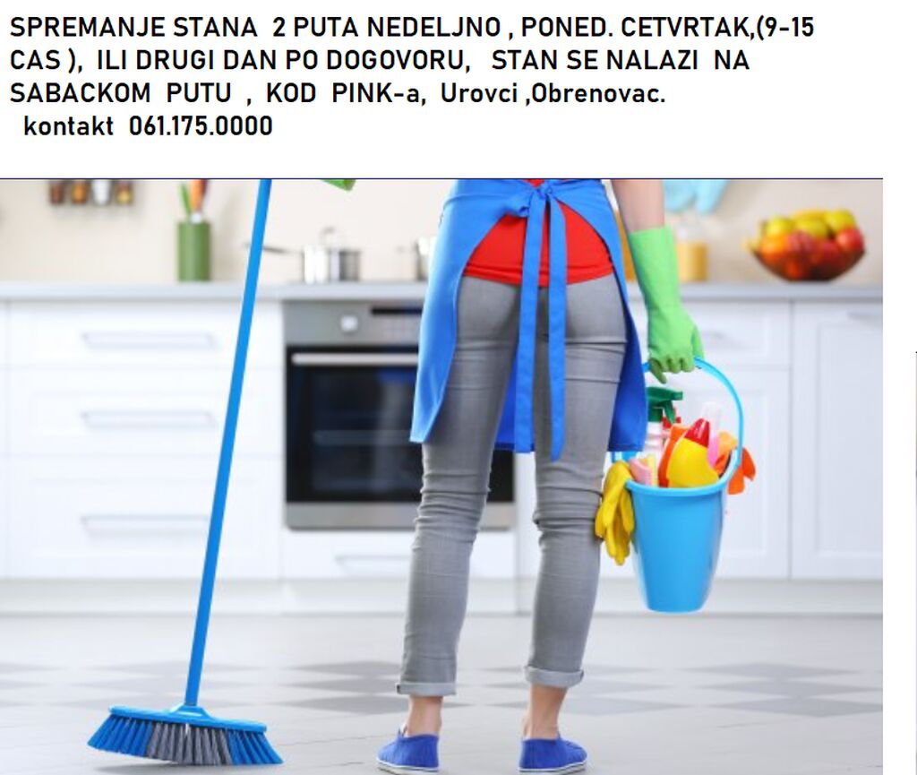 Potrebna zena za ciscenje stana, 2 puta nedeljno, od 9-15 h