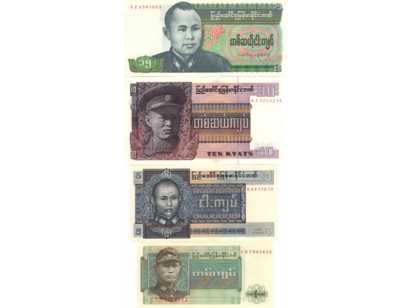 BURMA (MYANMAR) set 1, 5, 10 i 15 Kyats 1973/1986 UNC