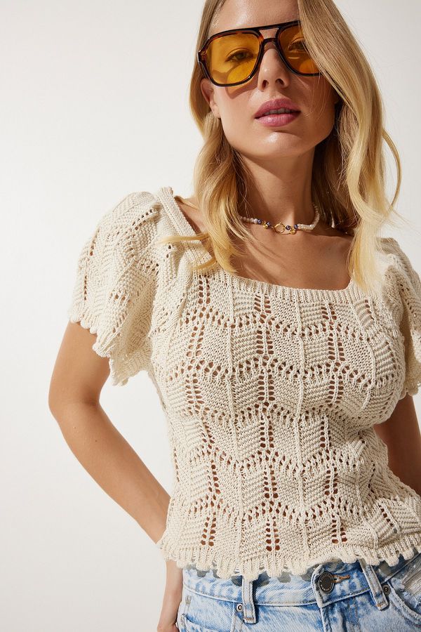 HAPPINESS İSTANBUL WOMEN'S CREAM OPENWORK KNITWEAR BLOUSE