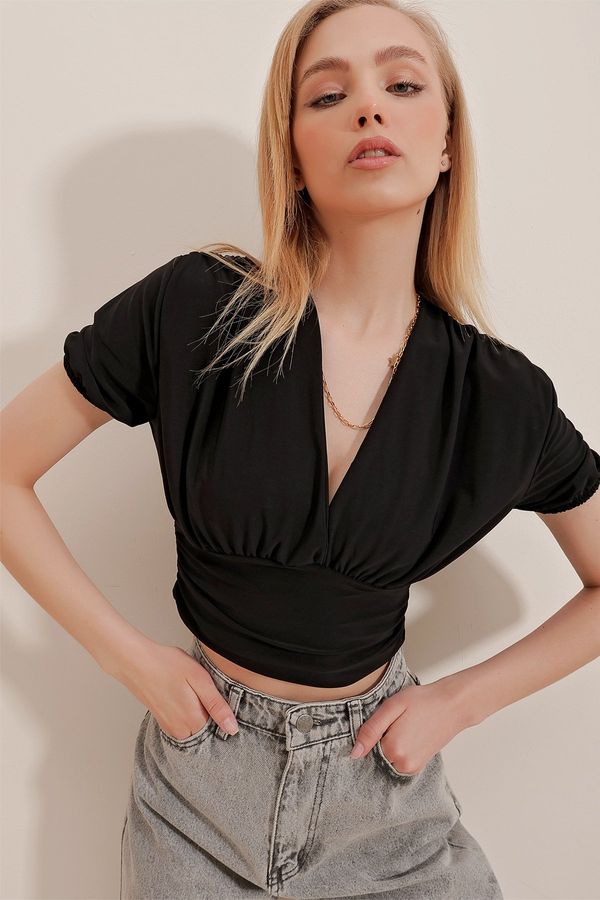TREND ALAÇATI STILI WOMEN'S BLACK V NECK WATERMELON SLEEVE CROP KNITTED BLOUSE