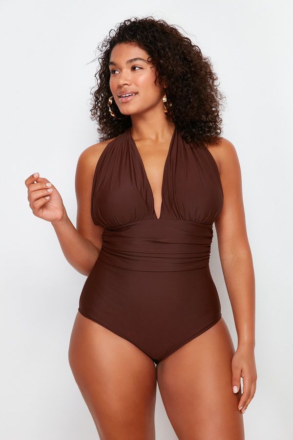 TRENDYOL CURVE PLUS SIZE THROW CAP SLIMMING EFFECT STRAP DEEP V NECK BROWN CROSS BACK SWIMSUIT
