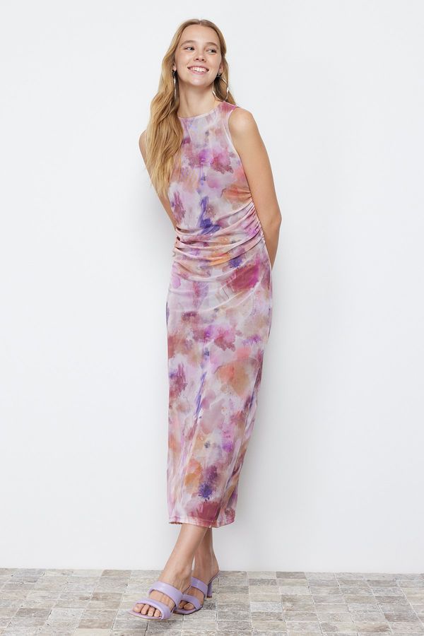 TRENDYOL LILAC GATHER/DRAPE DETAILED ABSTRACT PATTERNED FITTED MAXI FLEXIBLE KNITTED PENCIL DRESS