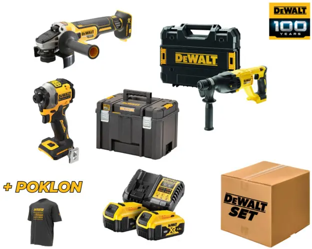 DeWALT 100 years DWSET1, set tri aku alata DCG405N + DCH133NT + DCF850N + TSTAK duboki kofer, 2x 5.0Ah, 18V + poklon majica