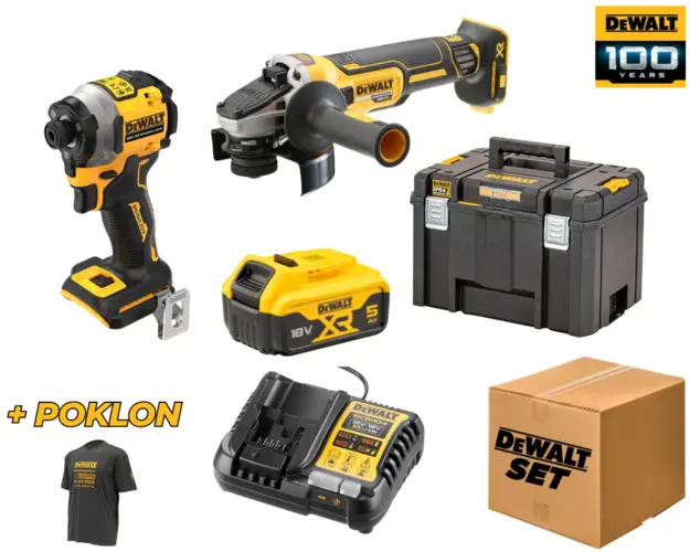 DeWALT 100 years DWSET2, set dva aku alata DCG405N + DCF850N + TSTAK duboki kofer, 1x 5.0Ah, 18V + poklon majica