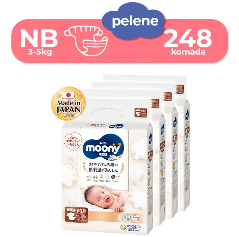 Moony Natural Newborn Pelene, 3-5 kg, 248 komada