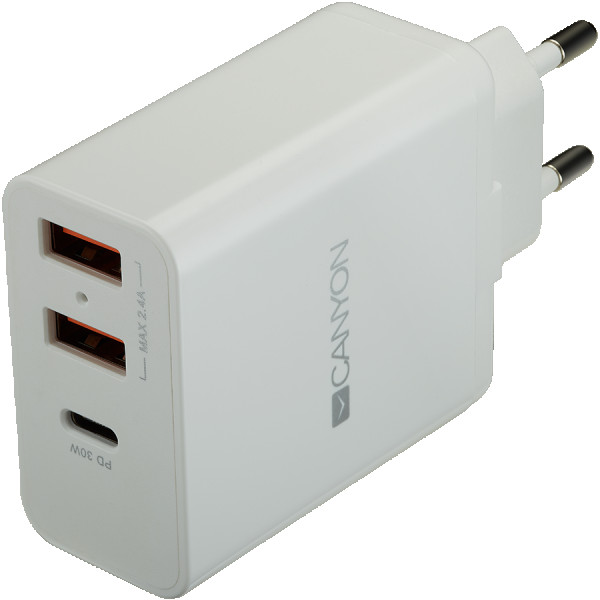 CANYON H-08 Universal 3xUSB AC charger (in wall) with over-voltage protection(1 USB-C with PD Quick Charger), Input 100V-240V, OutputUSB-A5