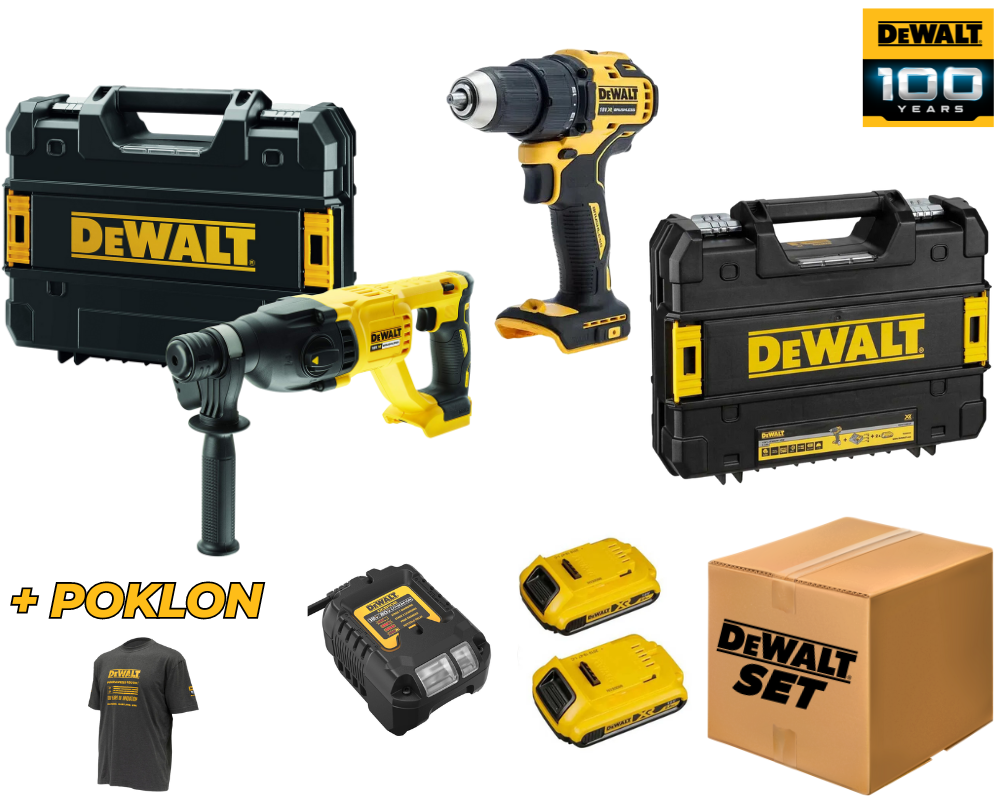 DeWALT 100 years DWSET6, set dva aku alata DCH133NT + DCD708D2T, 2x 2.0Ah, 18V + poklon majica