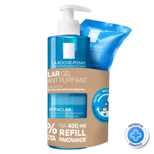 LA ROCHE-POSAY PROMO EFFACLAR PENUŠAVI GEL ZA ČIŠĆENJE MASNE, OSETLJIVE KOŽE SKLONE AKNAMA 400ML + REFILL 400ML