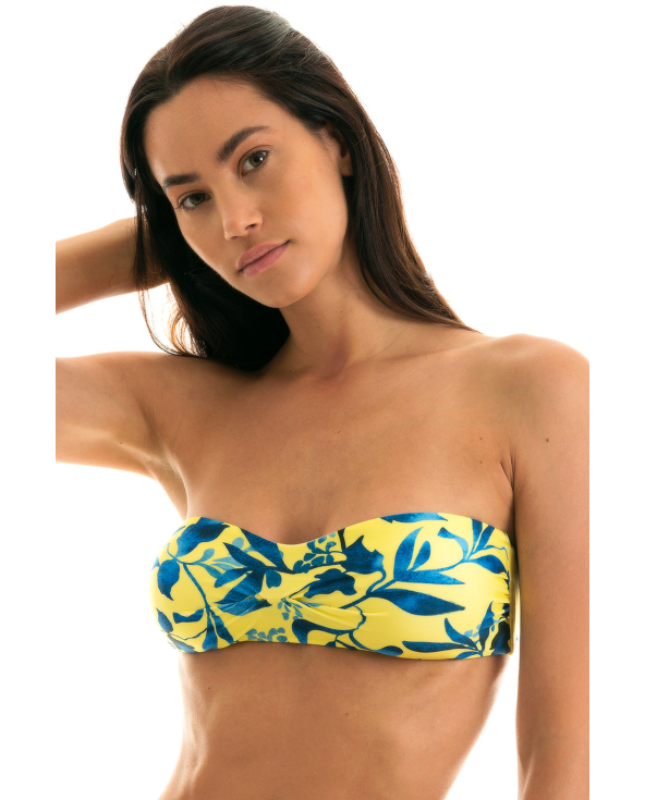 Plissiertes Bandeau-Top Gelb/Blau, Blattprint - Top Lemon Flower Bandeau