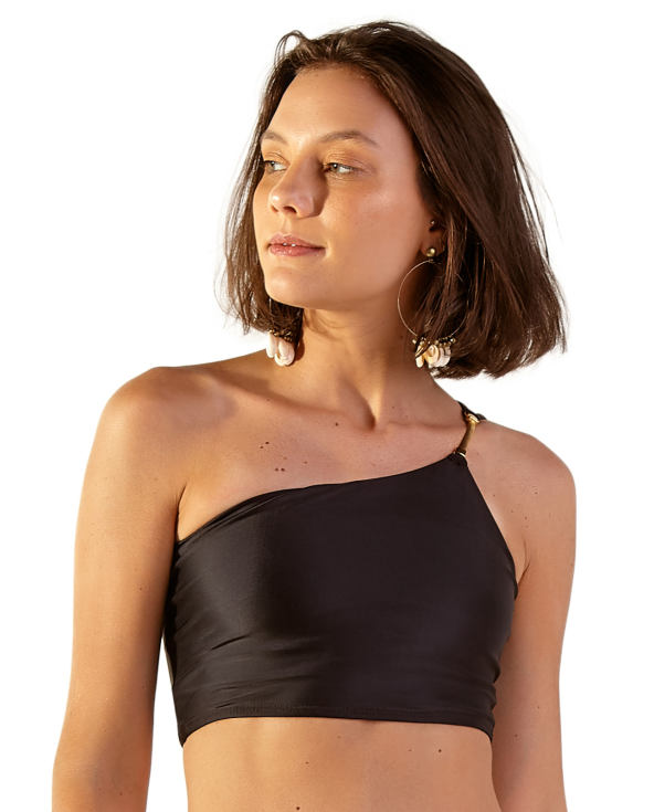 Asymmetrisches Crop-Top Mit Goldenen Details - Top Nix Preto