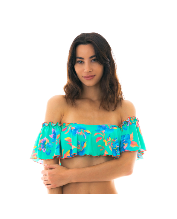 Türkisfarbenes Off-Schoulder-Crop-Top, Floral-Print - Top Acqua Flora Babado