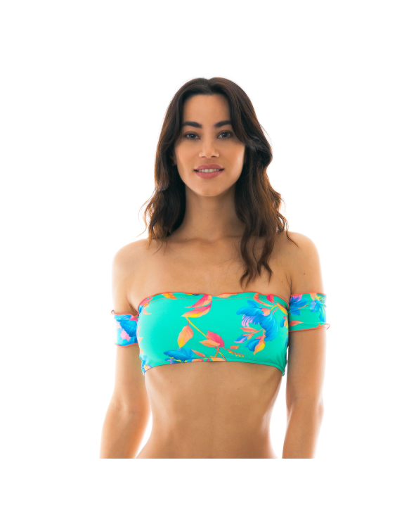 Crop Top Mit Blumigen Ärmeln In Wassergrün - Top Acqua Flora Off Shoulder