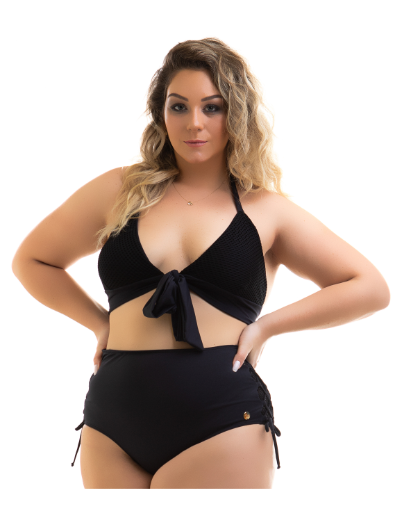 Schwarzer Plus Size High-Waist-Bikini Aus Bi-Material - Bikini Cleya Preto