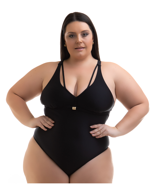 Schwarzer Plus Size Badeanzug Mit Trägern - Swimsuit Betyna Preto