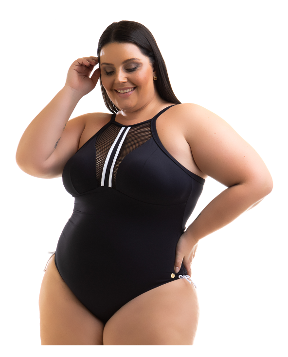 Schwarzer Hochgeschlossener Plus Size Badeanzug Mit Lochoptik Und Weißem Streifen - Swimsuit Cleya Preto/Branco