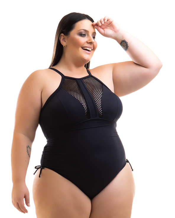 Schwarzer Plus Size Badeanzug Mit Lochoptik Am Ausschnitt - Swimsuit Cleya Preto