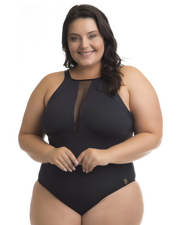 Schwarzer Tiefausgeschnittener Plus Size Badeanzug Aus Bi-Material - Swimsuit Antilhas Preto