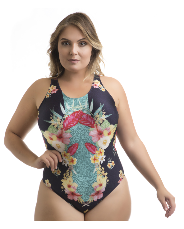 Plus Size Badeanzug Mit Tropischem Blumenprint - Swimsuit Hawaii Bali