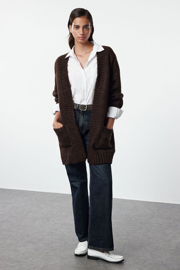 Trendyol Brown Soft Textured Wide Fit Knitwear Cardigan