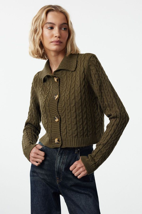 Trendyol Khaki Crop Polo Neck Knitwear Cardigan