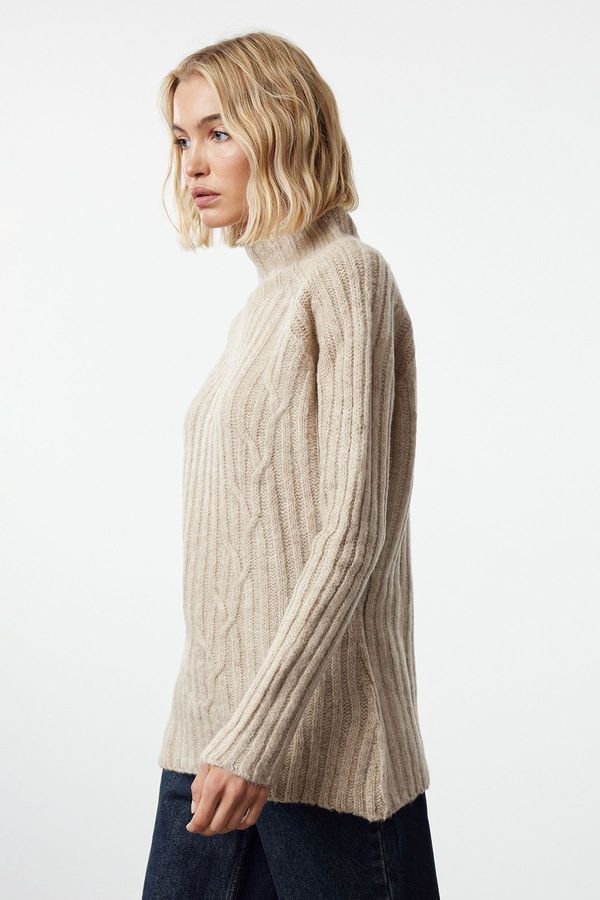 Trendyol Beige Soft Textured Knit Detailed High Collar Knitwear Sweater