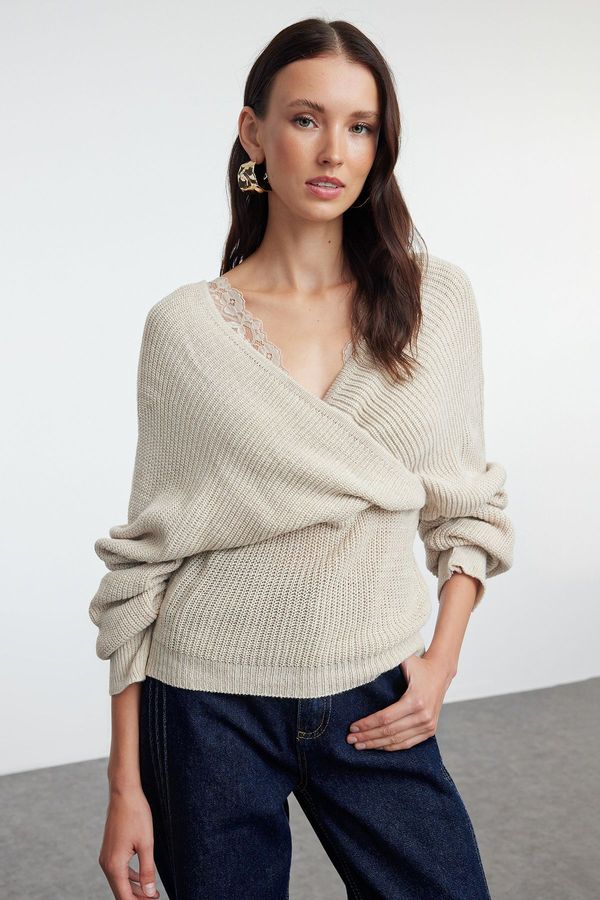 Trendyol Stone Double Breasted Lace Knit Sweater