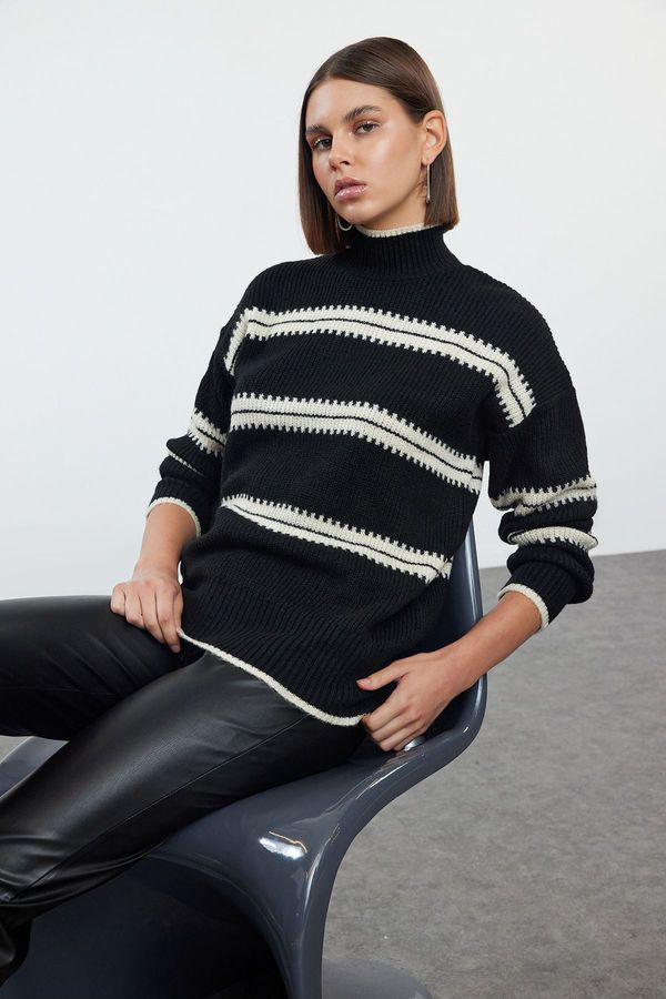 Trendyol Black Striped Turtleneck Knitwear Sweater