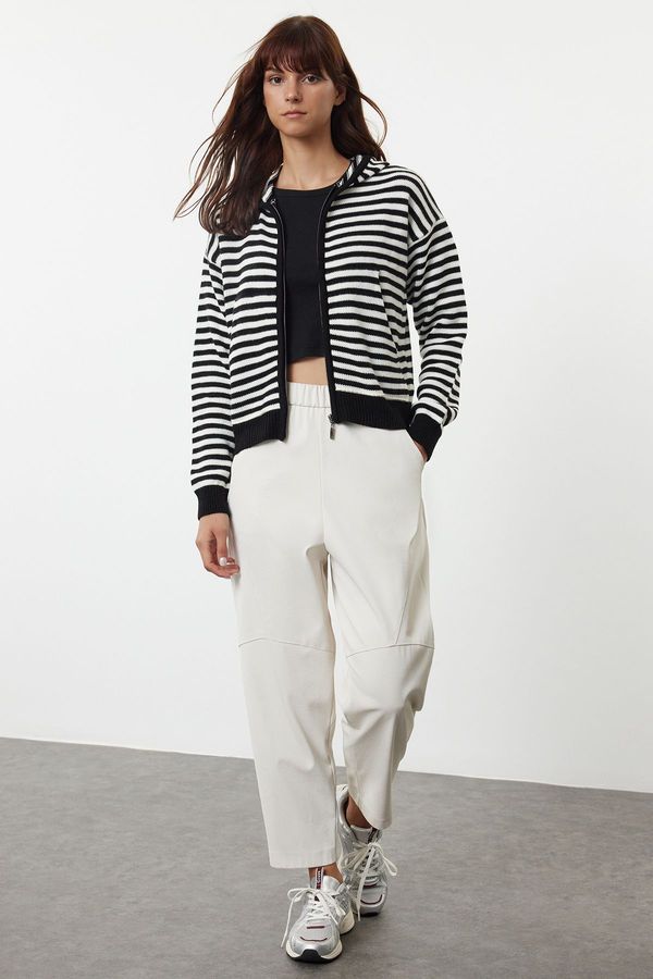 Trendyol Black Hooded Striped Knitted Cardigan