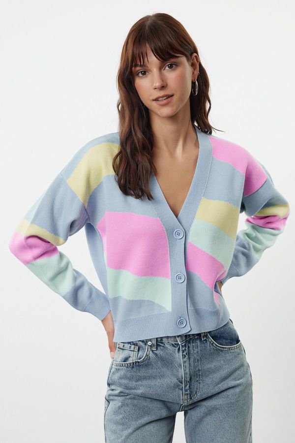 TRENDYOL BLUE COLOR BLOCK KNIT CARDIGAN