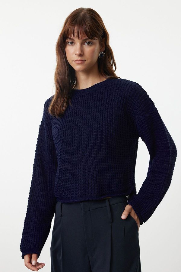 Trendyol Navy Blue Crop Knit Detailed Knitwear Sweater