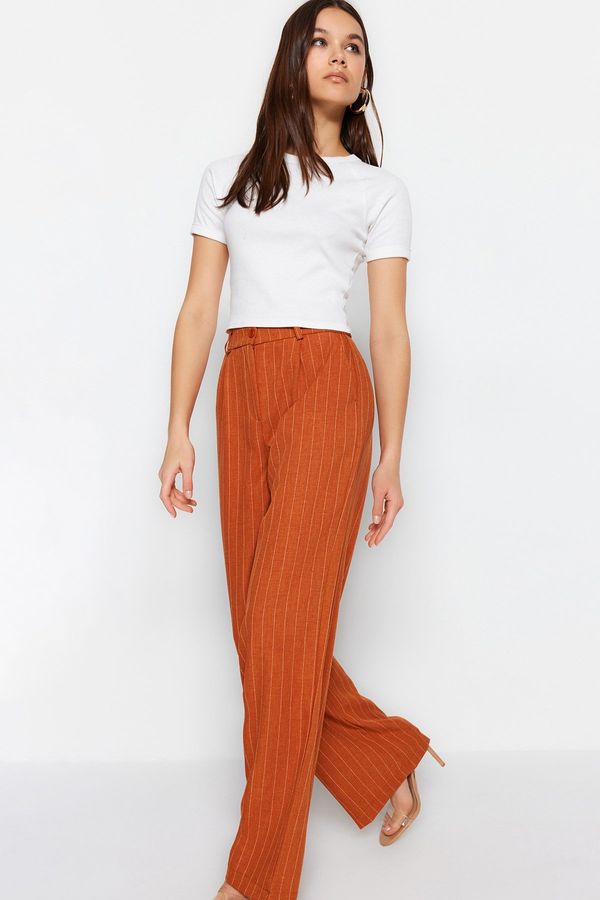 Trendyol Brown High Waist Wide Leg Wide Leg Striped Woven Trousers