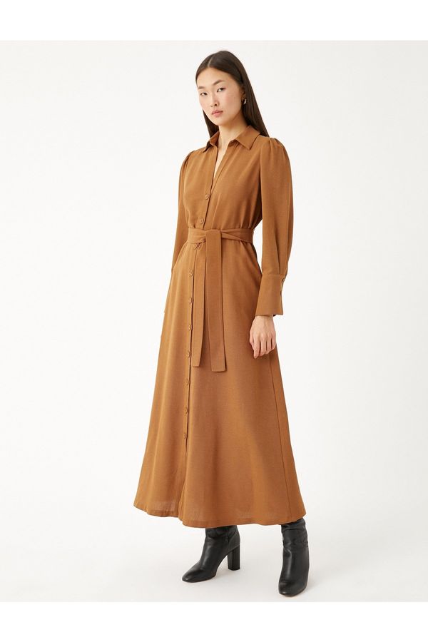 Koton Shirt Dress With Belted Long Sleeves Linen Blend