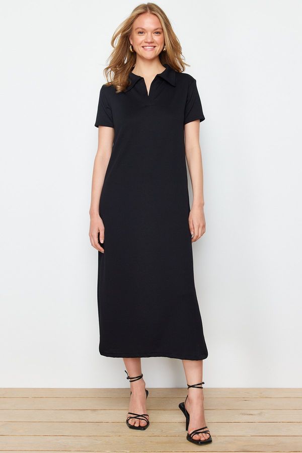 Trendyol Black Polo Neck Shift/Regular Cut Midi Stretchy Knitted Dress