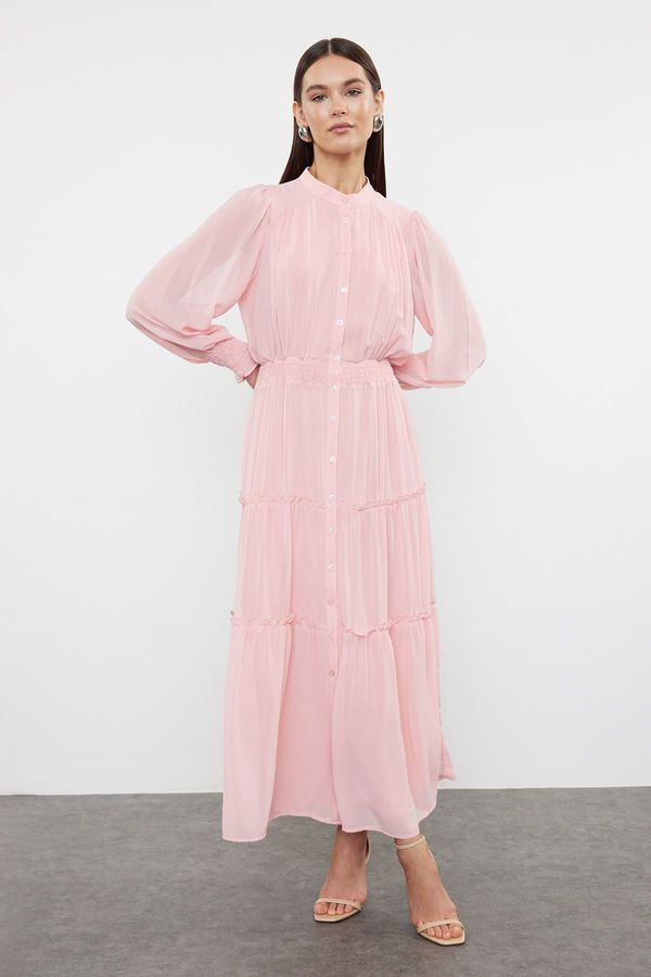 TRENDYOL LINED CHIFFON WOVEN SHIRT DRESS WITH DUSTY ROSE SLEEVES AND WAIST GIPE DETAIL