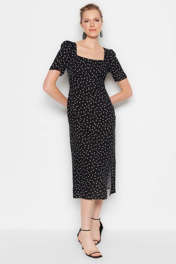 TRENDYOL BLACK POLKA DOT PATTERNED A-CUT MIDI WOVEN VISCOSE PATTERN DRESS