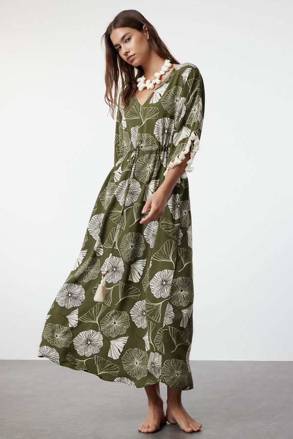 TRENDYOL FLORAL MAXI WOVEN TASSEL BEACH DRESS