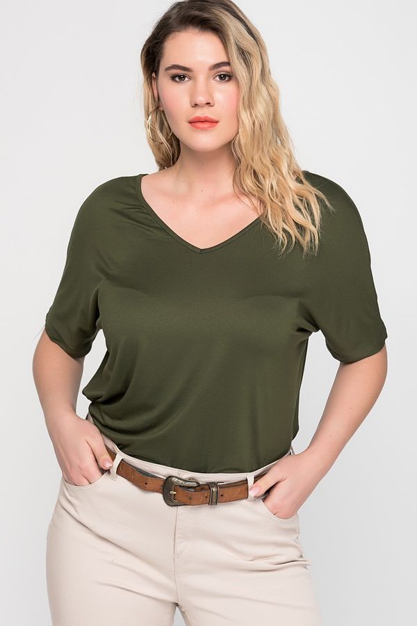 Şans Women's Plus Size Khaki Viscose Tunic With Low-Cut Back