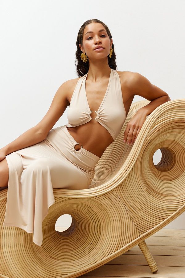TRENDYOL BEIGE FITTED KNITTED BLOUSE AND SKIRT SET