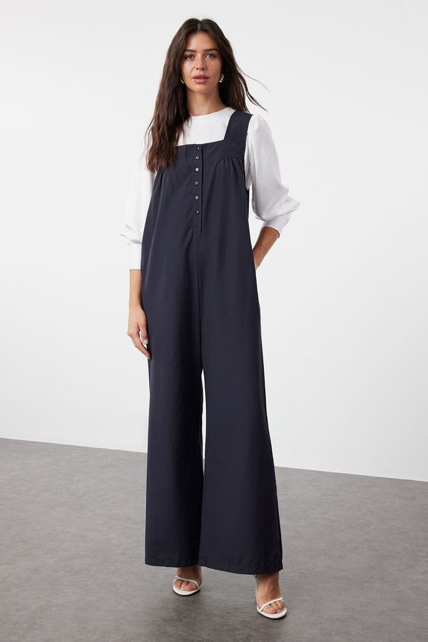 TRENDYOL NAVY BLUE THICK STRAP BUTTON DETAILED WIDE LEG WOVEN JUMPSUIT