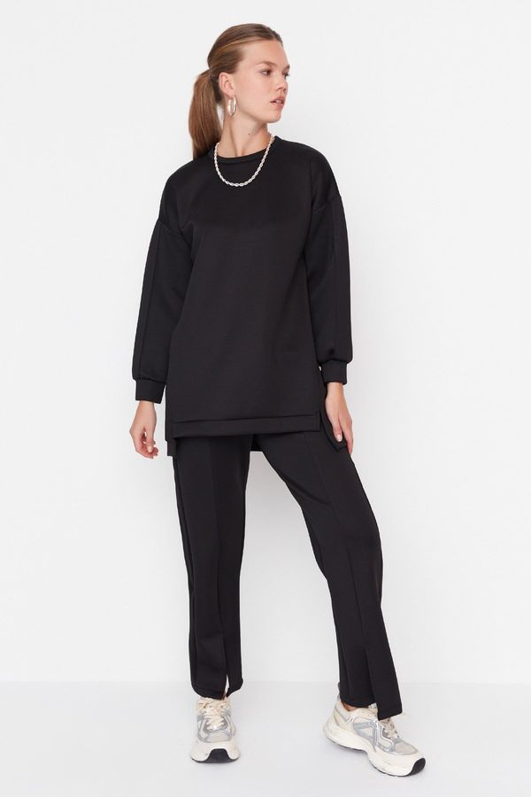 TRENDYOL BLACK OVERSIZE SLIT DETAILED SCUBA TUNIC-PANTS KNITTED BOTTOM-TOP SET