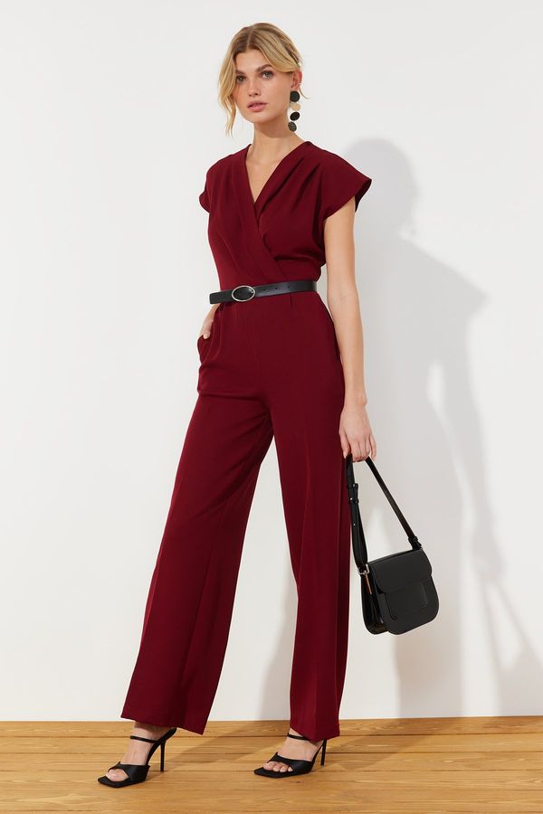 TRENDYOL BURGUNDY BELTED DOUBLE BREASTED COLLAR WIDE LEG WOVEN JUMPSUIT